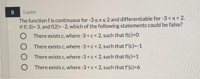 Solved 8 1 point The function fis continuous for -3 sxs 2 | Chegg.com
