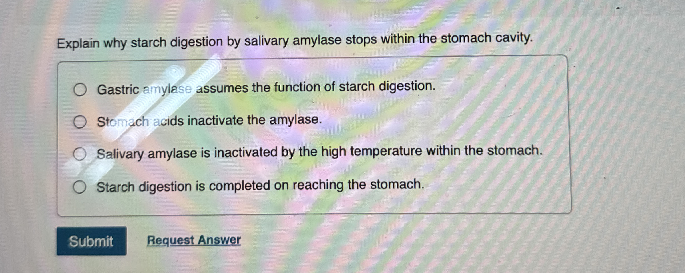 Solved Explain why starch digestion by salivary amylase | Chegg.com Solved Explain why starch digestion by salivary amylase | Chegg.com
