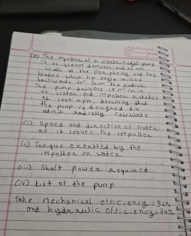 Solved (o) ﻿Tha impeller of a centritugal pumpis of 320 ﻿mN | Chegg.com