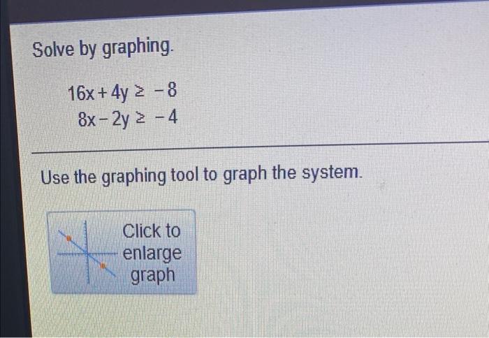 Solved Solve by graphing. 16x + 4y > - 8 8x – 2y -4 Use the | Chegg.com
