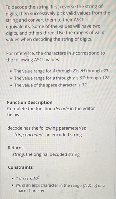 Solved To decode the string, first reverse the string of | Chegg.com