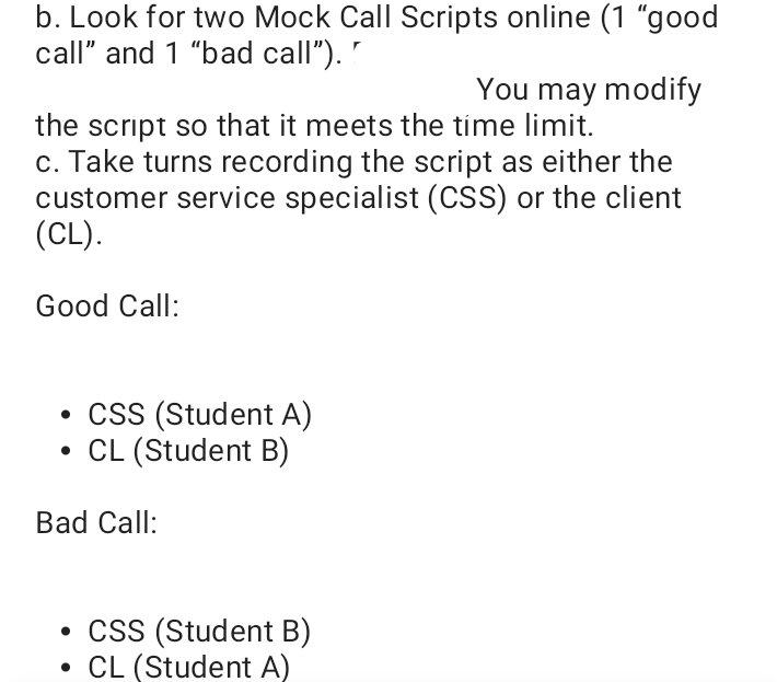 Solved b. ﻿Look for two Mock Call Scripts online ( 1 ﻿"good | Chegg.com