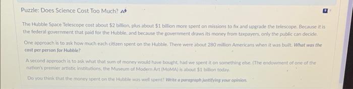 Solved Puzzle: Does Science Cost Too Much? A The Hubble | Chegg.com