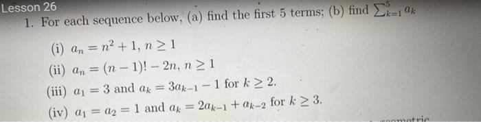 Solved 1. For each sequence below, (a) find the first 5 | Chegg.com