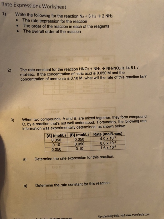 Solved Rate Expressions Worksheet 1) Write the following for | Chegg.com
