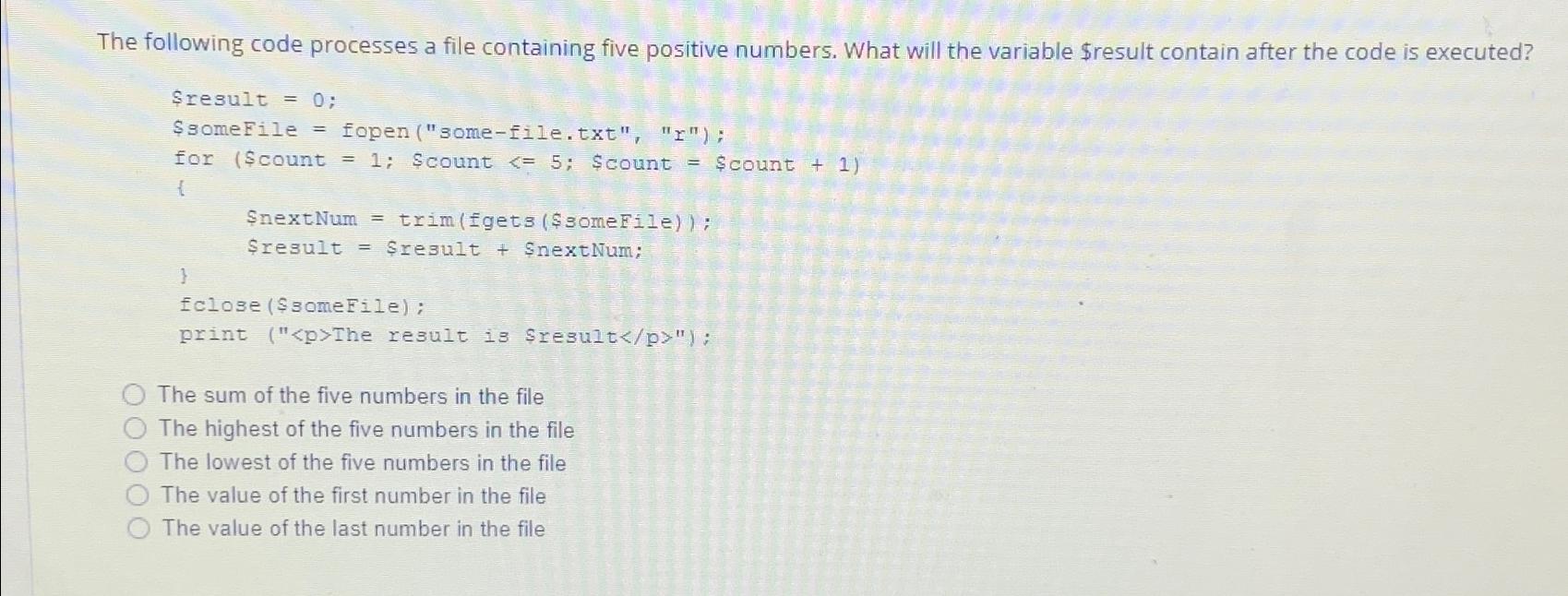 Solved The following code processes a file containing five | Chegg.com