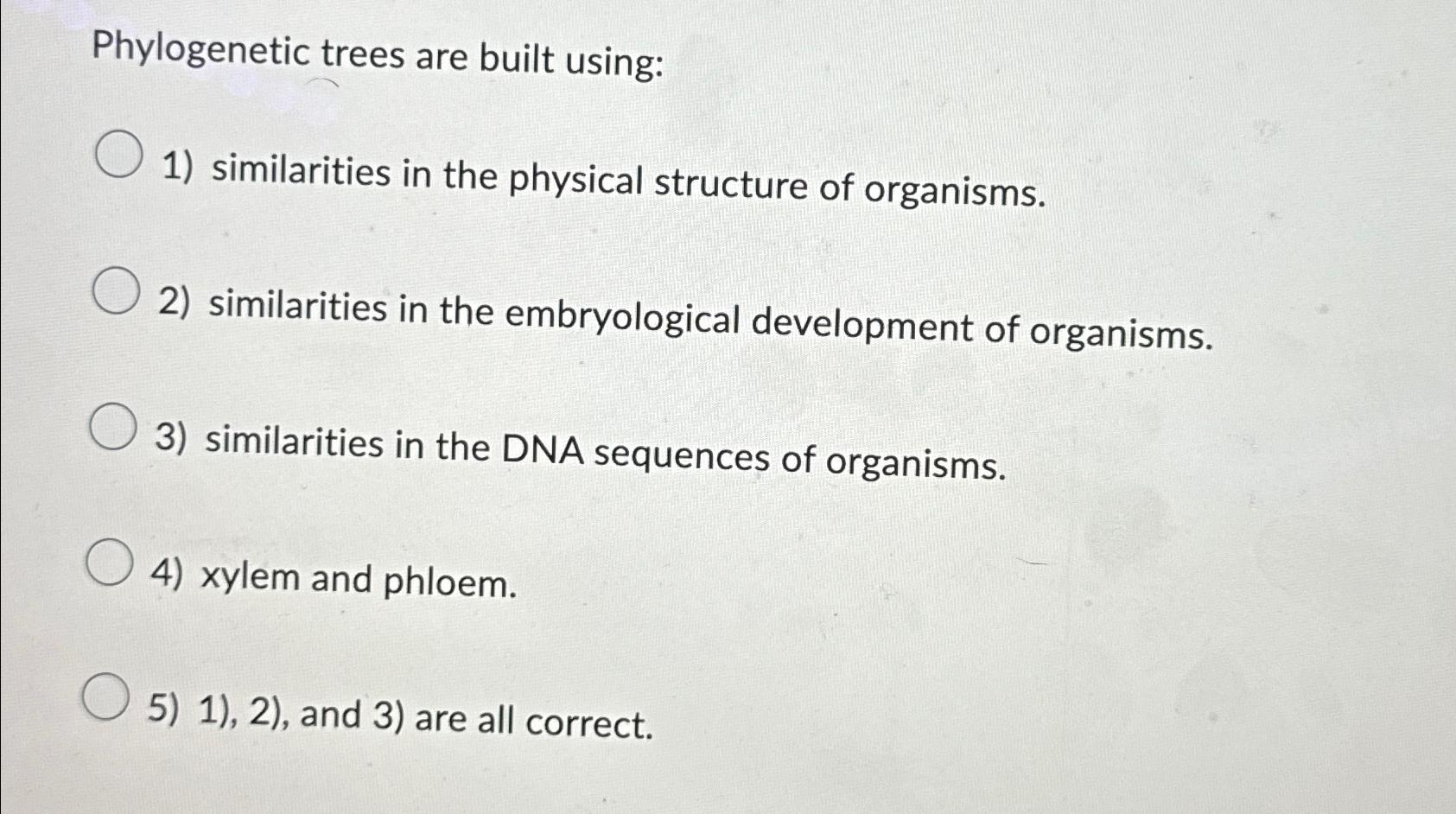 Solved Phylogenetic trees are built using:similarities in | Chegg.com