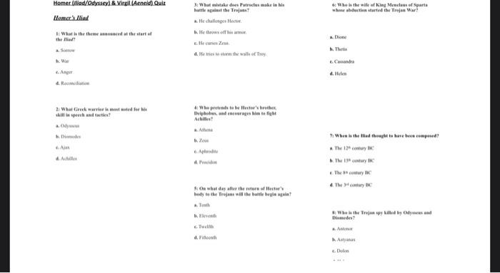 Homer (Iliad/Odyssey) & Virgil (Aeneid) Quiz Homer's | Chegg.com