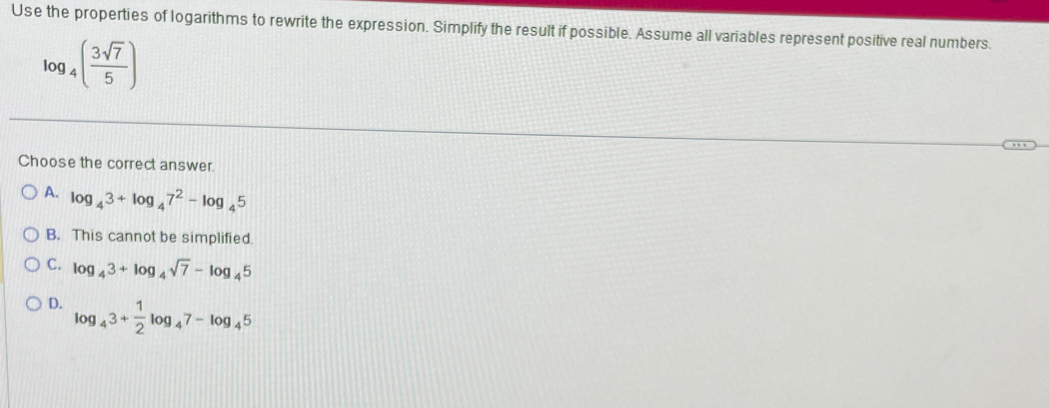 Solved Use the properties of logarithms to rewrite the | Chegg.com