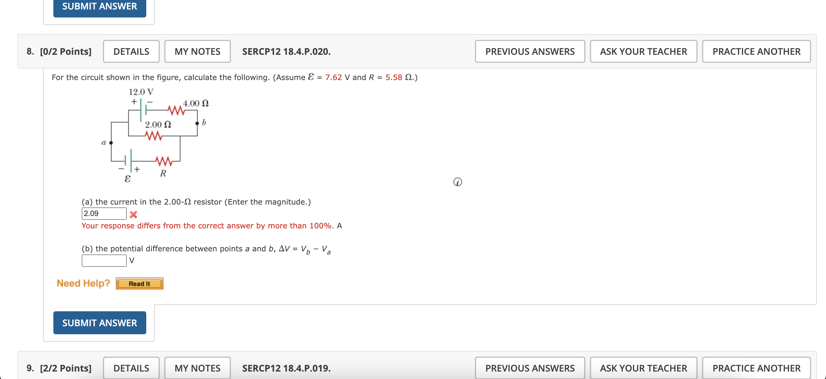 Solved [0/2 ﻿Points]SERCP12 18.4.P.020.For the circuit shown | Chegg.com