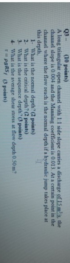 Solved Q3 (10 points) A long triangular open channel with | Chegg.com