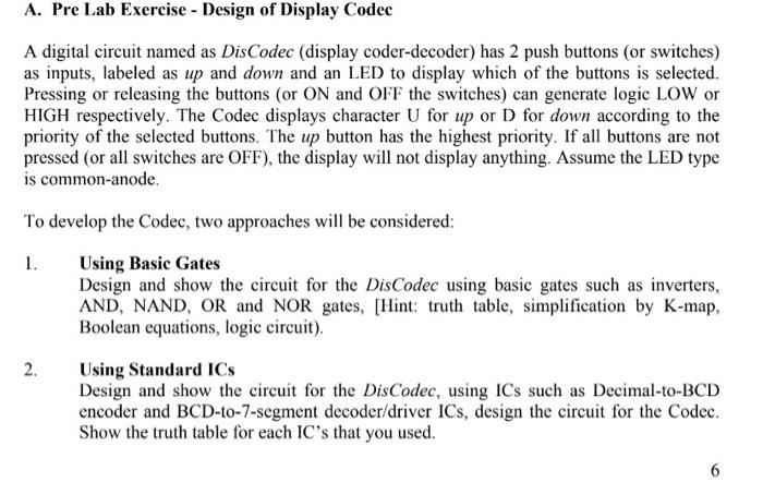 A. Pre Lab Exercise - Design of Display Codec A | Chegg.com