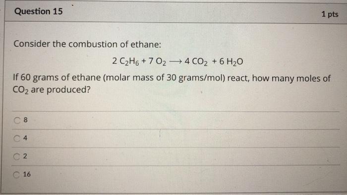 Solved Question 15 1 pts Consider the combustion of ethane: | Chegg.com