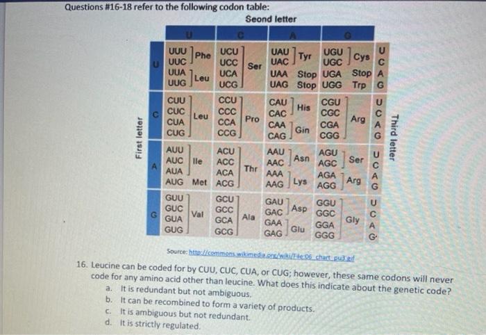 Solved Questions #16-18 refer to the following codon table: | Chegg.com