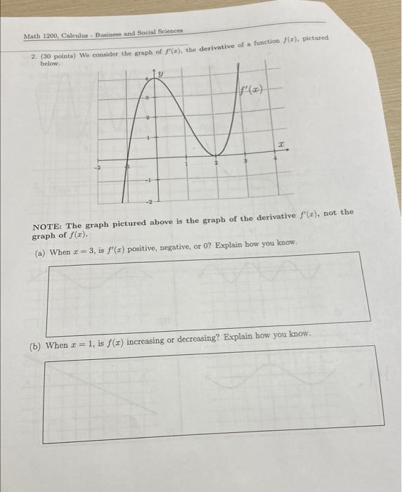 Solved 2. (30 points) We consider the graph of f′(x), the | Chegg.com