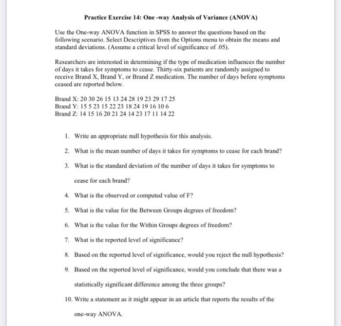 Solved Practice Exercise 13: One-way Analysis of Variance | Chegg.com