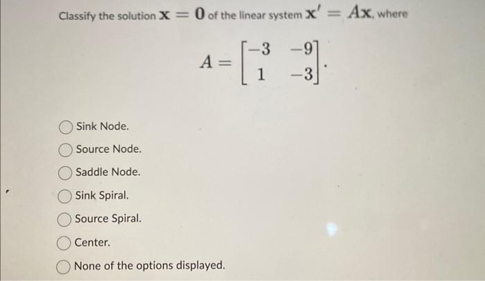 Classify the solution x=0 of the linear system x′=Ax, | Chegg.com