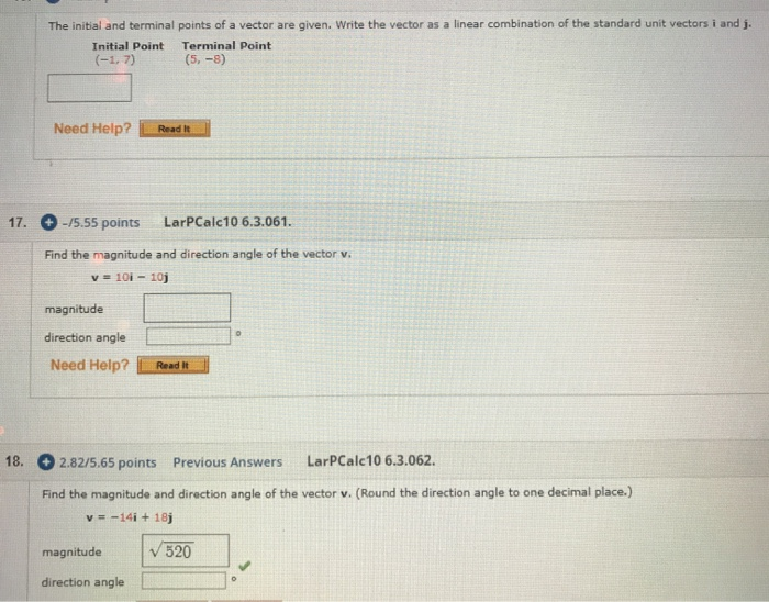 Solved The initial and terminal points of a vector are | Chegg.com