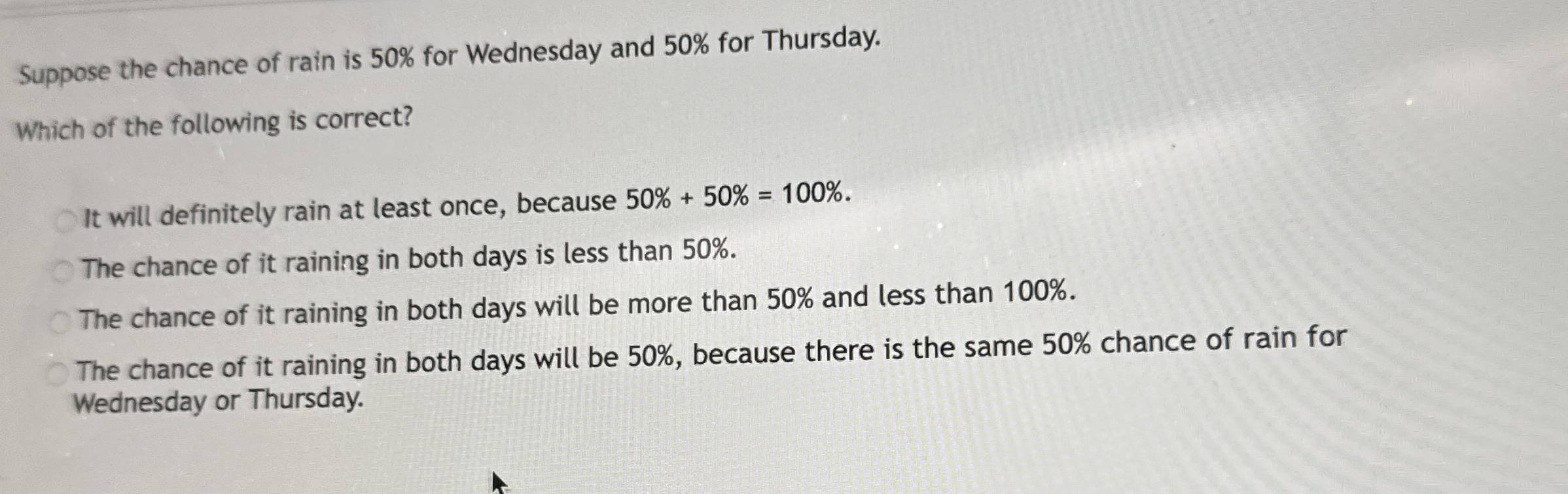 Solved Suppose the chance of rain is 50% ﻿for Wednesday and | Chegg.com