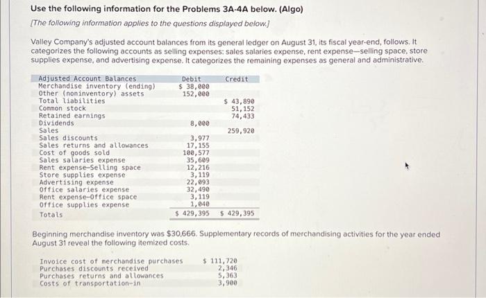 Solved Use the following information for the Problems 3A−4A | Chegg.com