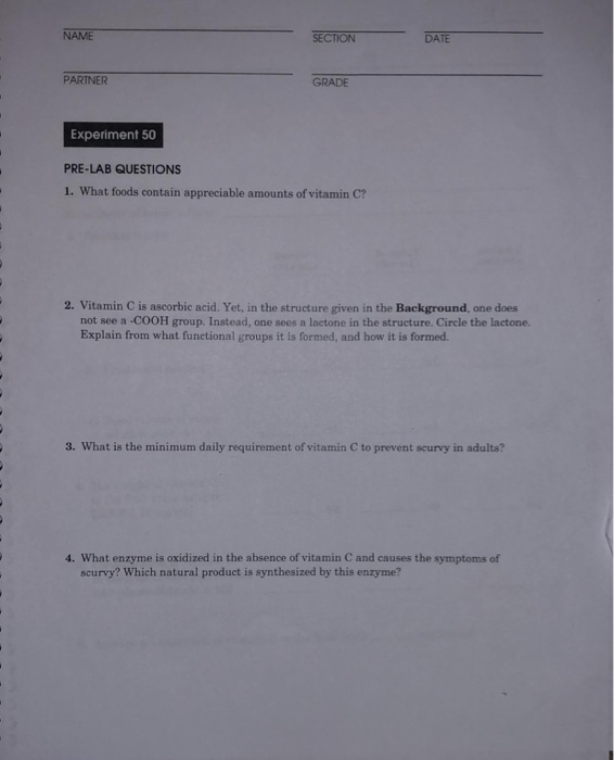Solved NAME SECTION DATE PARTNER GRADE Experiment 50 PRE-LAB | Chegg.com
