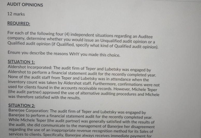 Solved AUDIT OPINIONS 12 marks REQUIRED: For each of the | Chegg.com
