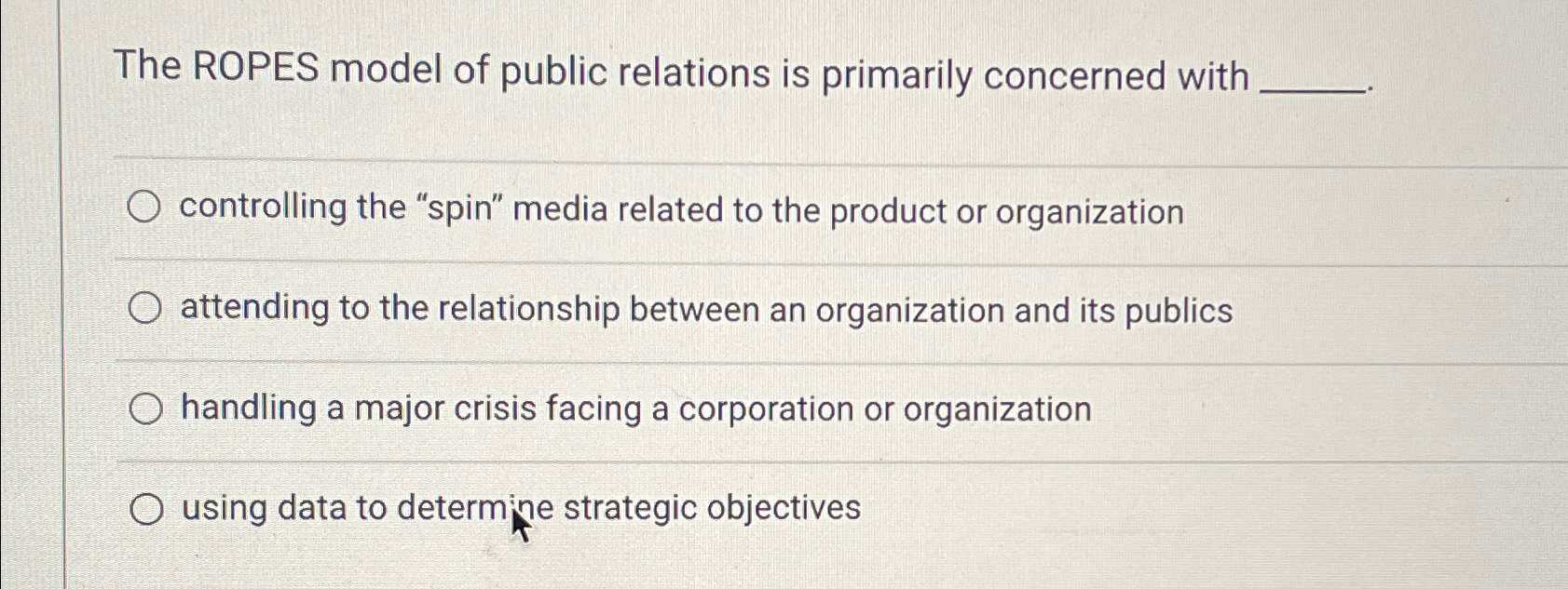 Solved The ROPES model of public relations is primarily | Chegg.com