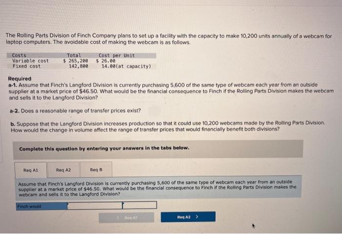 Solved The Rolling Parts Division of Finch Company plans to | Chegg.com