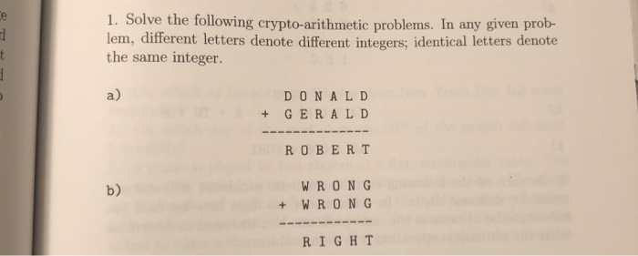 Solved e 1. Solve the following crypto-arithmetic problems. | Chegg.com