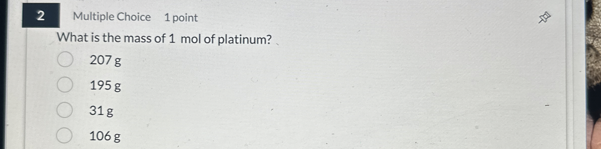 Solved 2Multiple Choice1 ﻿pointWhat is the mass of 1 ﻿mol of | Chegg.com