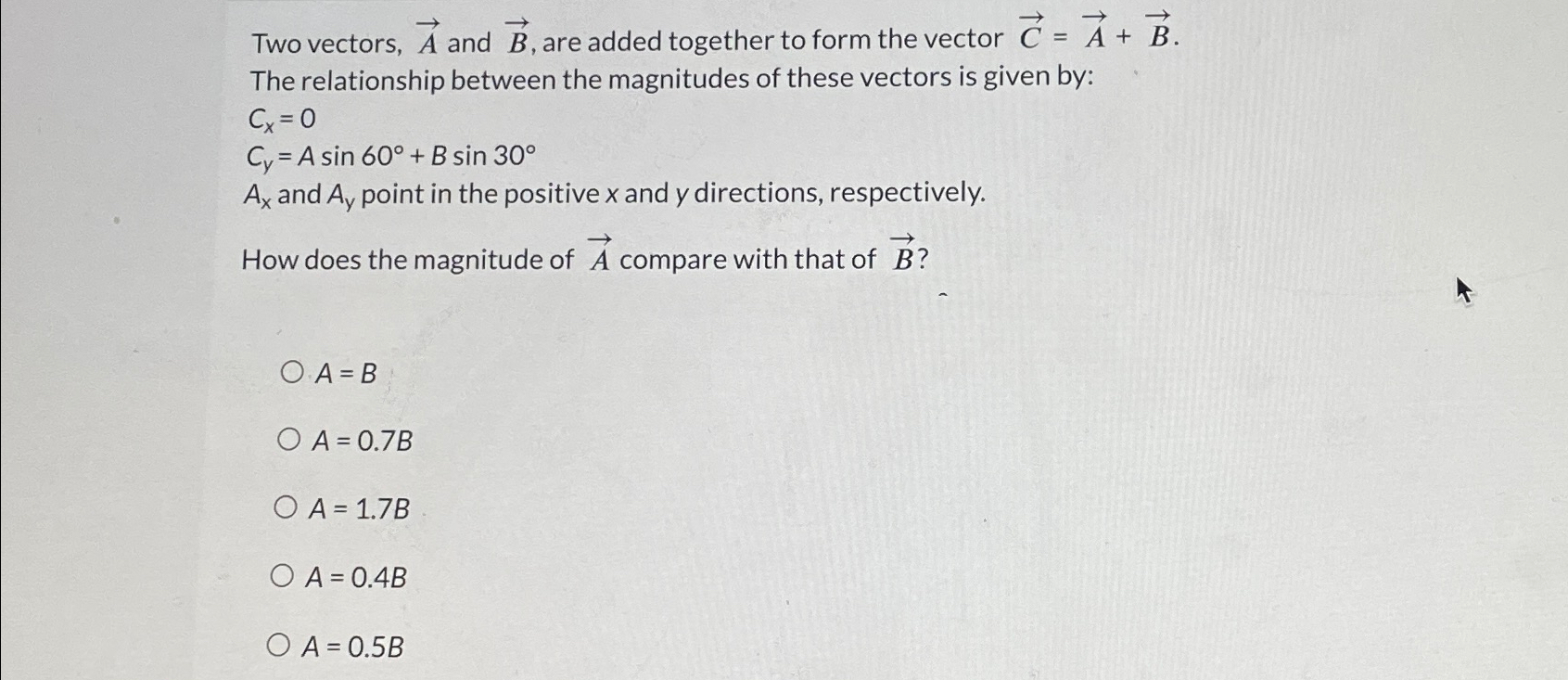 Solved Two vectors, vec(A) ﻿and vec(B), ﻿are added together | Chegg.com