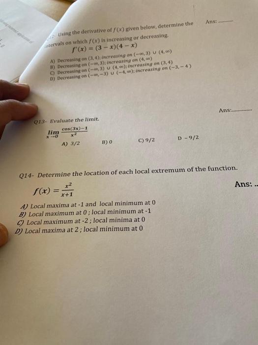 Solved Using the derivative of f(x) given below, determine | Chegg.com