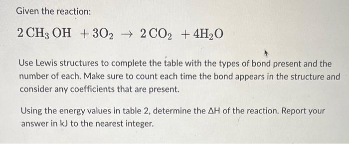 Solved Given the reaction: 2CH3OH+3O2→2CO2+4H2O Use Lewis | Chegg.com