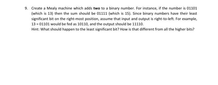 Solved 9 Create A Mealy Machine Which Adds Two To A Binary 8596