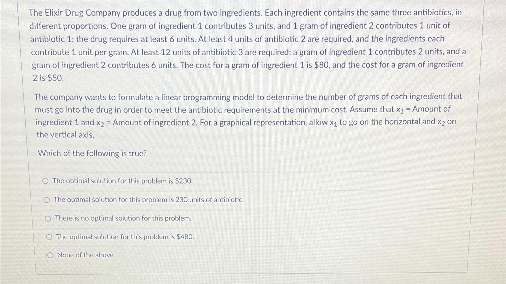 Solved The Elixir Drug Company produces a drug from two | Chegg.com