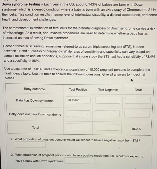Solved Down syndrome Testing - Each year in the US, about | Chegg.com