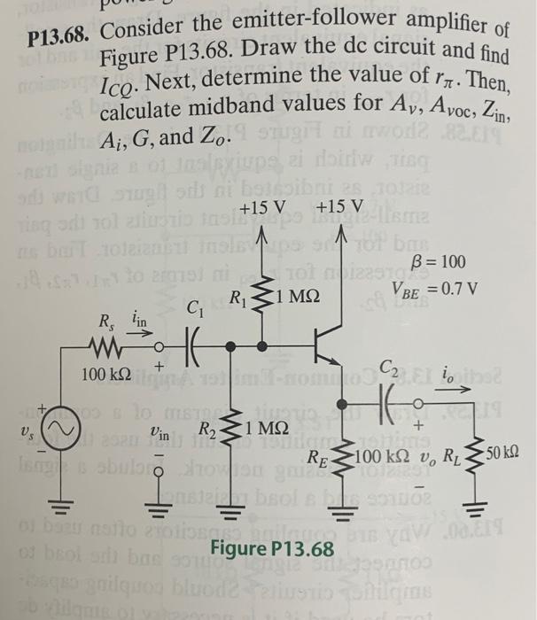 Solved P13.68. Consider the emitter-follower amplifier of | Chegg.com