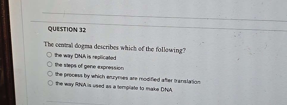 Solved QUESTION 32The central dogma describes which of the | Chegg.com