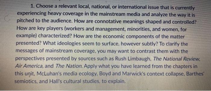 Solved 1. Choose a relevant local, national, or | Chegg.com