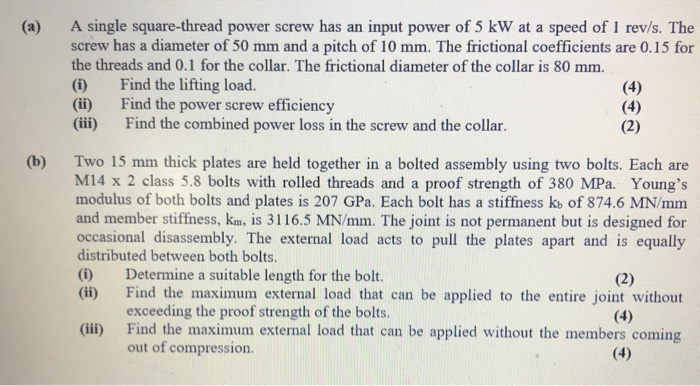 Solved A single square-thread power screw has an input power | Chegg.com
