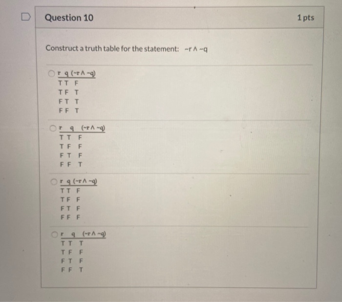 Solved Question 10 1 Pts Construct A Truth Table For The