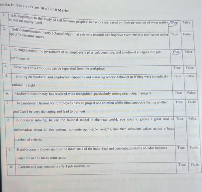 Solved ection B: True or false: 10 x 1-10 Marks 1. s, | Chegg.com