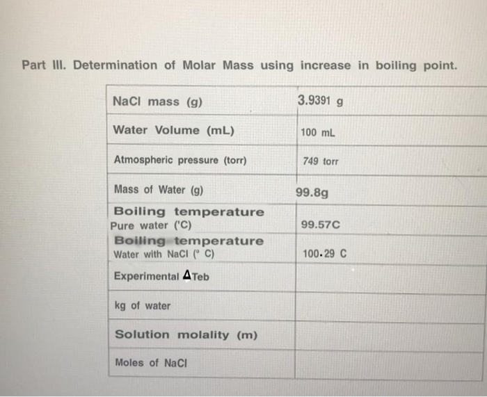 Solved Part III. Determination of Molar Mass using increase | Chegg.com