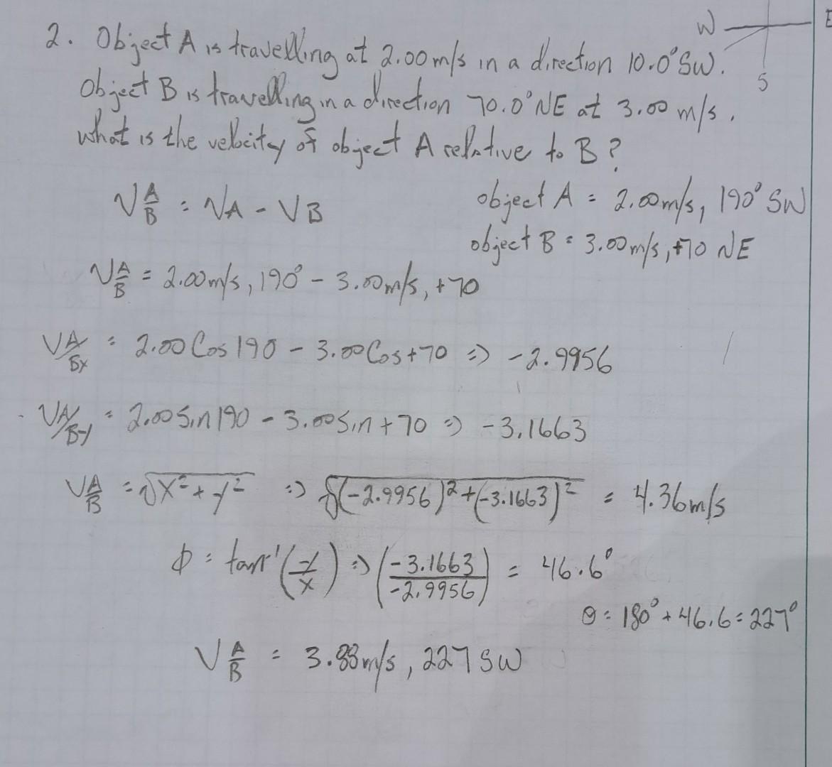 Solved 2. Object A is travelling at 2.00 m/s in a direction | Chegg.com
