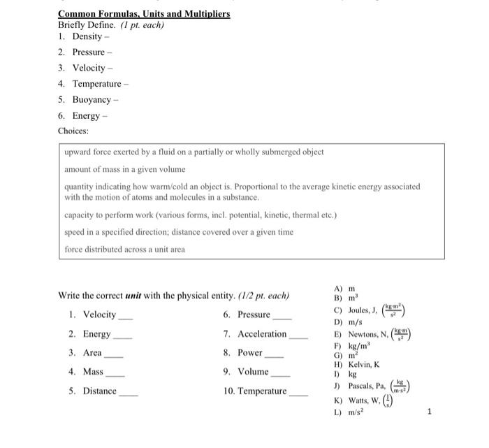 Solved Common Formulas, Units and Multipliers Briefly | Chegg.com