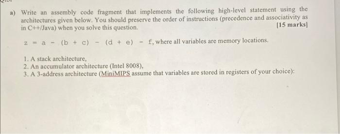 Solved a) Write an assembly code fragment that implements | Chegg.com