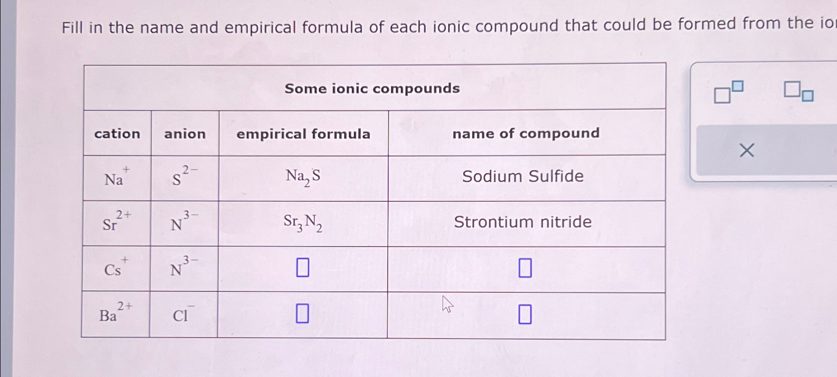 Solved Fill in the name and empirical formula of each ionic | Chegg.com