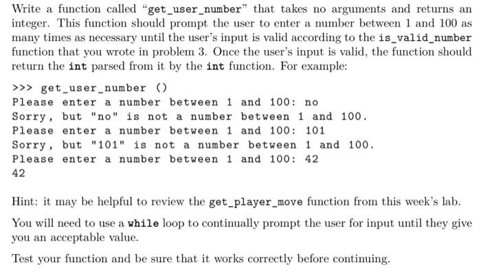 Solved Write a function called "get_user_number" that takes | Chegg.com