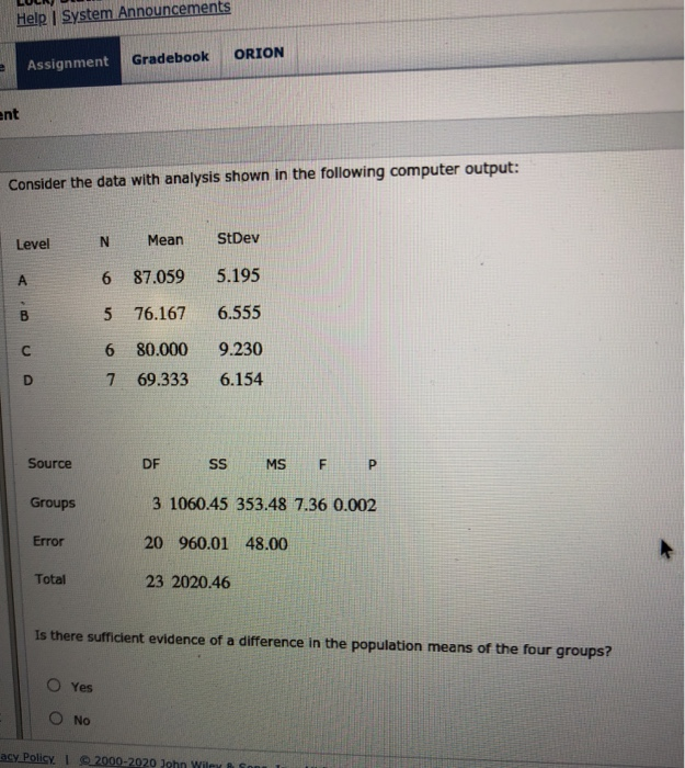 Solved Help System Announcements Assignment Gradebook ORION | Chegg.com