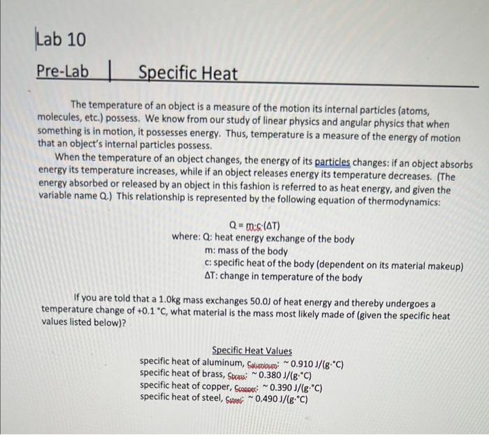Solved Lab 10 Pre-Lab | Specific Heat The temperature of an | Chegg.com